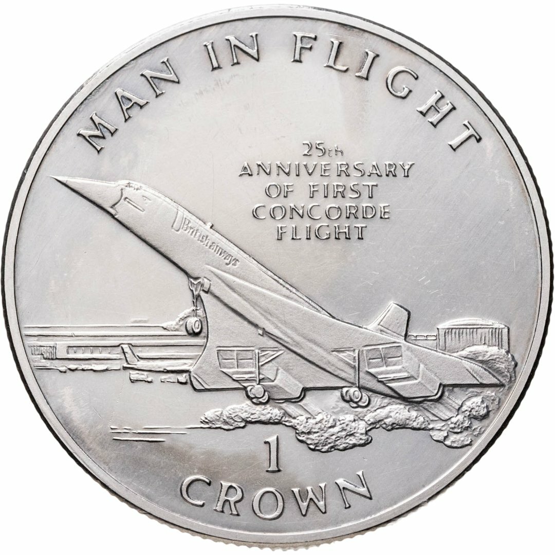Остров Мэн 1 крона crown 1994 BUNC Человек в полете - 25 лет первому полету "Конкорда", Мельхиор медь-никель