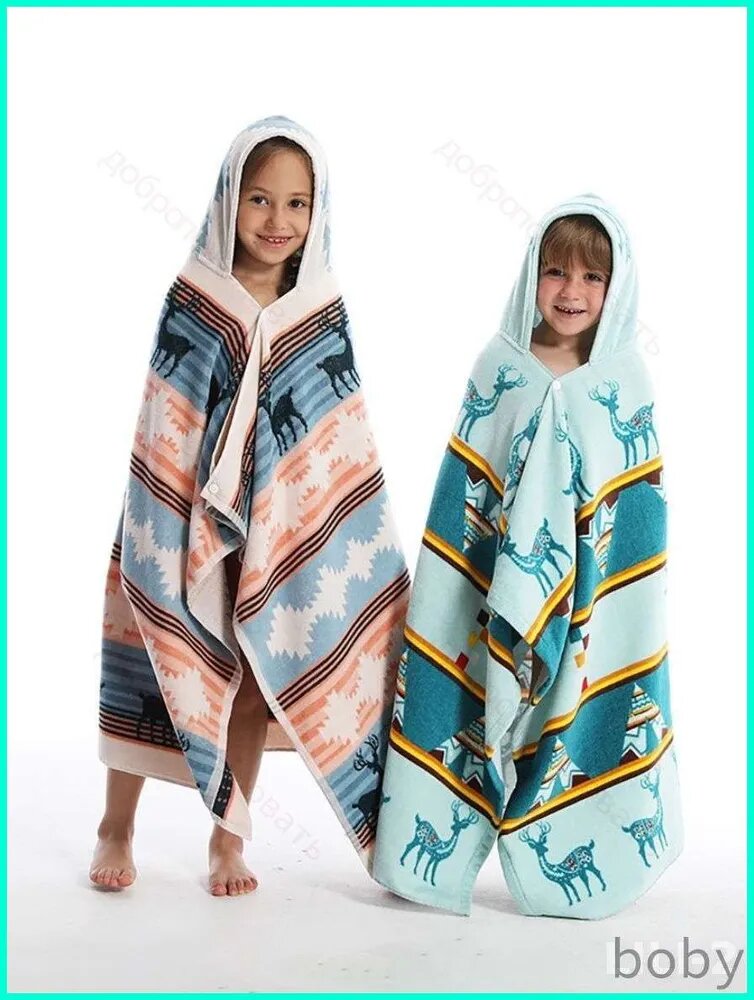 Детское пляжное полотенце с капюшоном, голубое, 100x100 см, для бассейна, хлопок — фото 1
