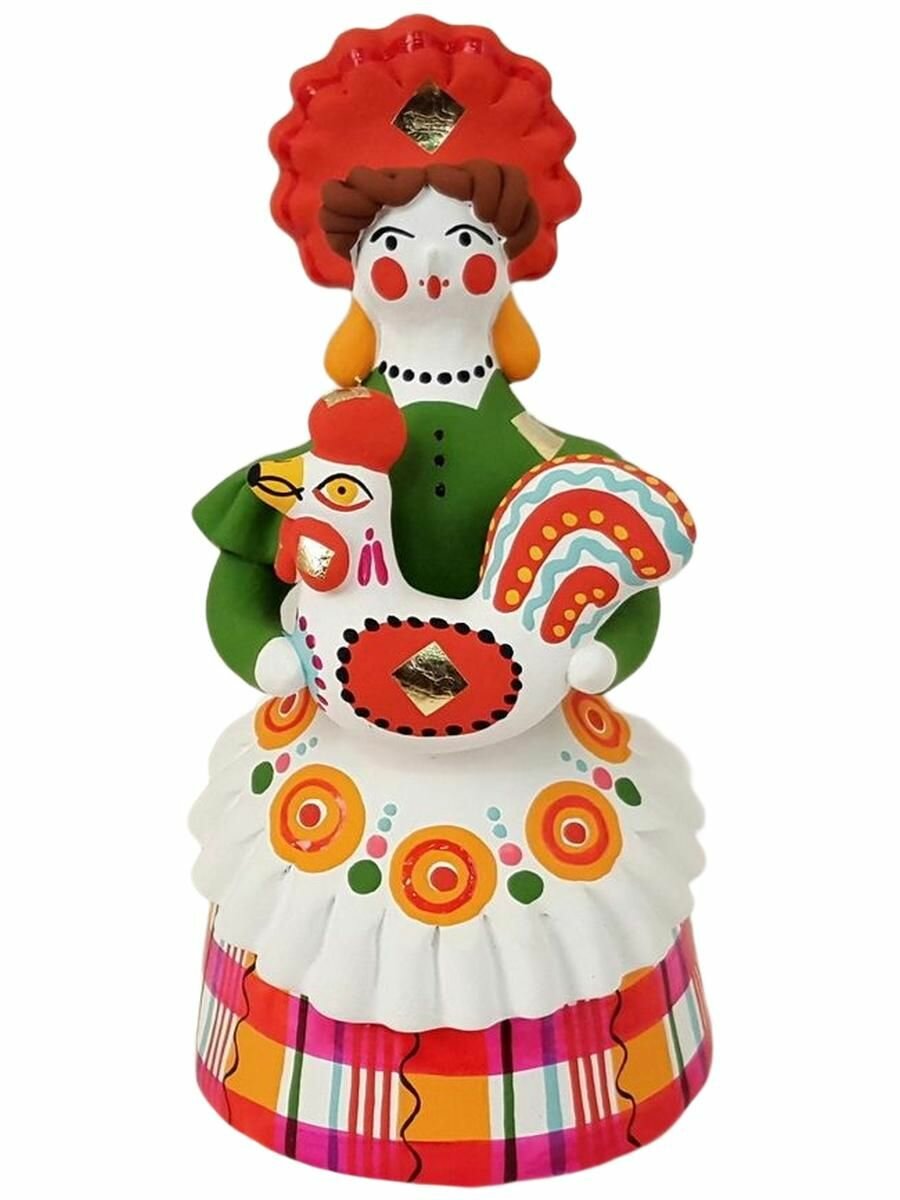 Барыня №4 с петушком, Дымковская глиняная игрушка, ручная авторская работа