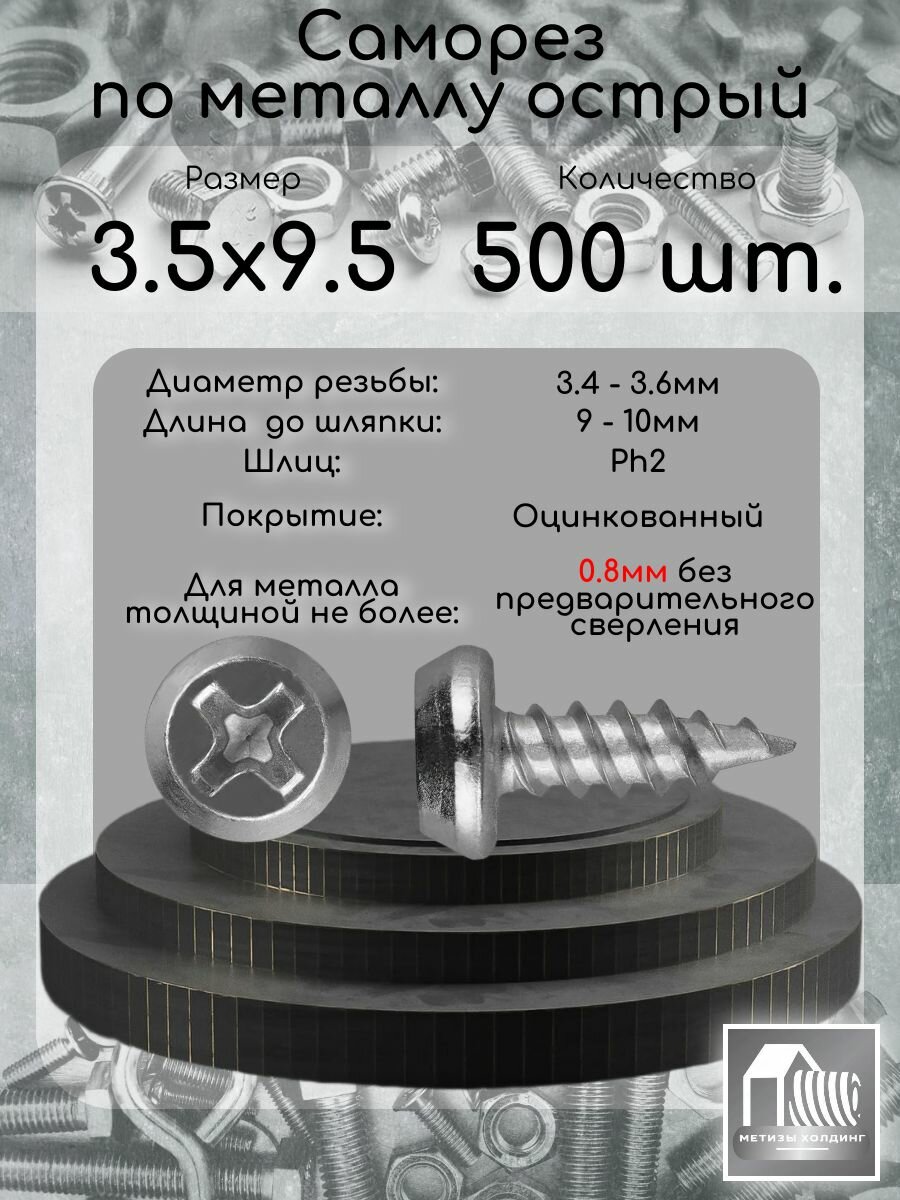 Саморез по металлу 3.5х9.5 оцинкованный, острый, в комплекте500 штук