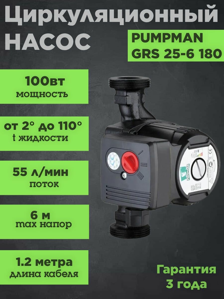 Насос PUMPMAN циркуляционный GRS 25-6 180 мм, с гайками
