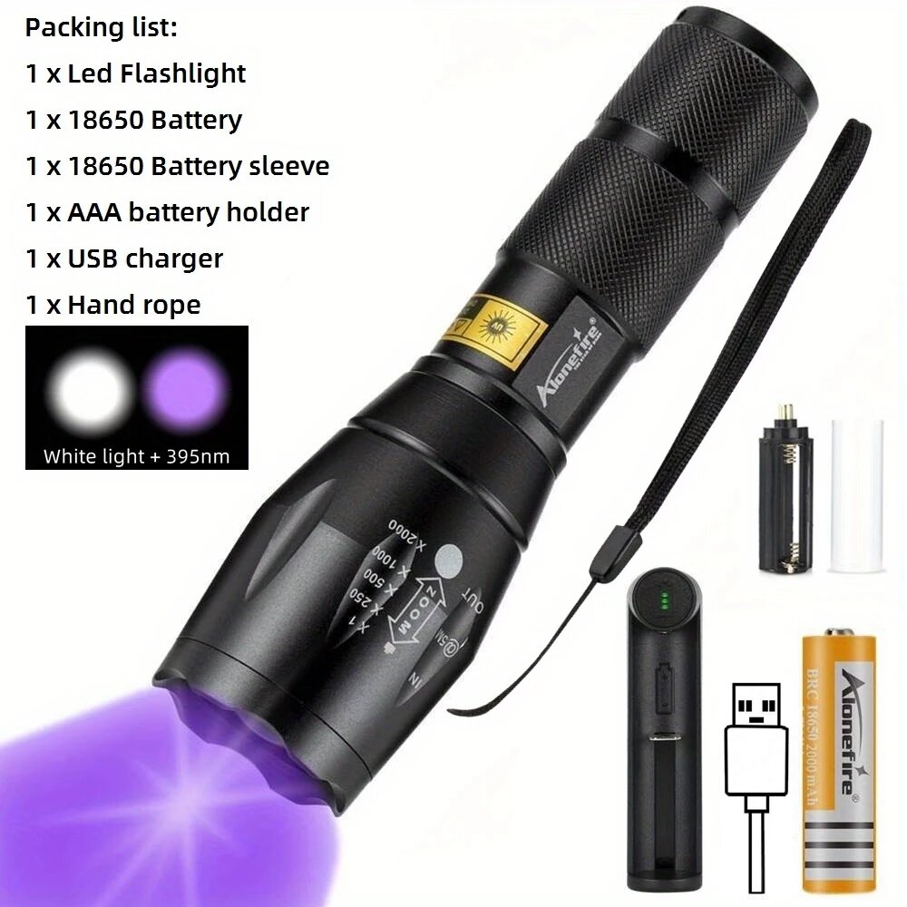 AloneFire E17 Zoom UV фонарь 365/395 нм White UV395 18650