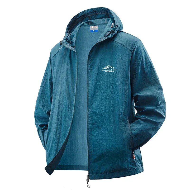 Мужская солнцезащитная куртка UPF 50+ — легкая уличная ветровка с капюшоном, дышащая и быстросохнущая для пеших прогулок, бега