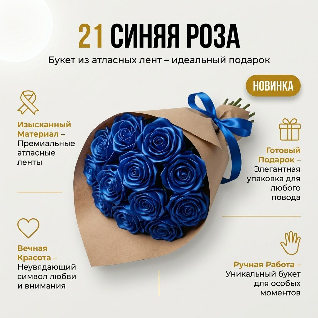 Букет "Роза мечты", синие атласные розы ручной работы, 30 см, 21шт
