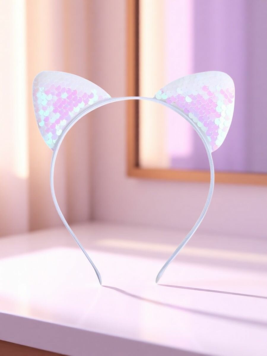 Милый белый ободок - кошка с пайетками для детей и взрослых EEkid - Детский ободочек для волос с ушками EEbaby