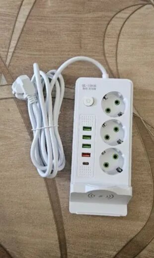 Сетевой фильтр с беспроводной зарядкой, удлинитель сетевой 3 метра с USB, Type-C, пилот белый
