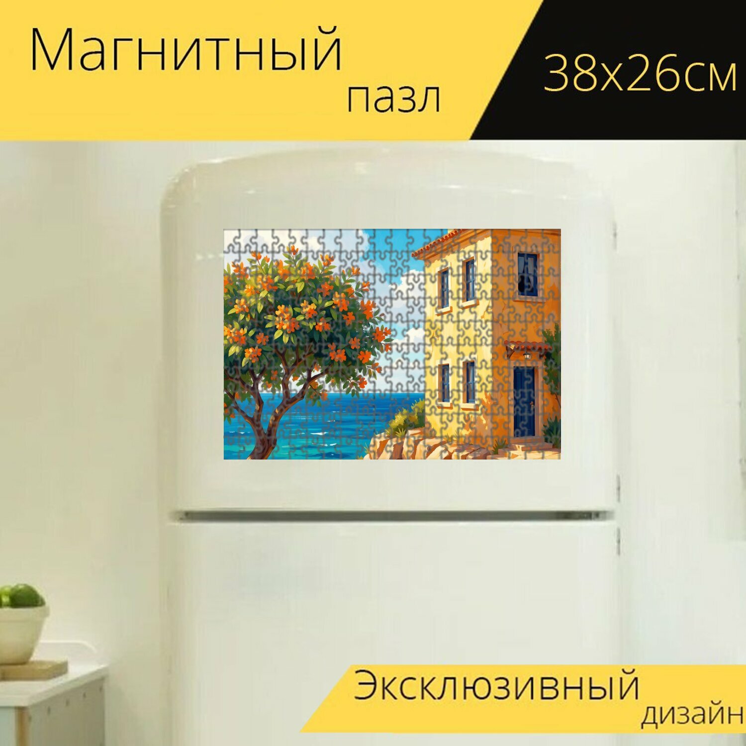 Магнитный пазл "Средиземноморский дом у моря. Солнечная иллюстрация побережья: уютная вилла с терракотовой крышей, синими окнами и дверью, цветущее дерево." для интерьера, 38х26 см.