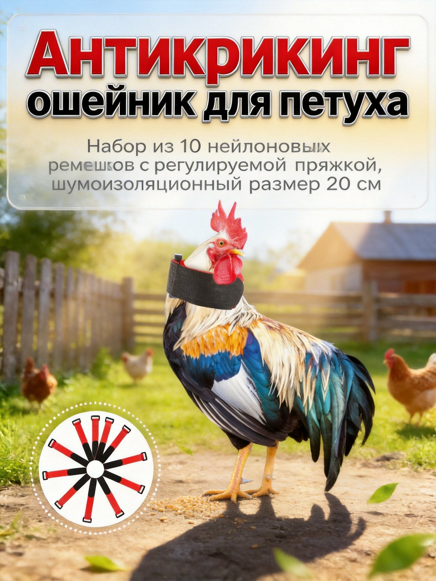 Антикричащий ошейник для петуха, набор из 10 нейлоновых ремешков с регулируемой пряжкой, шумоподавляющий аксессуар для домашней птицы, универсальный размер 20 см