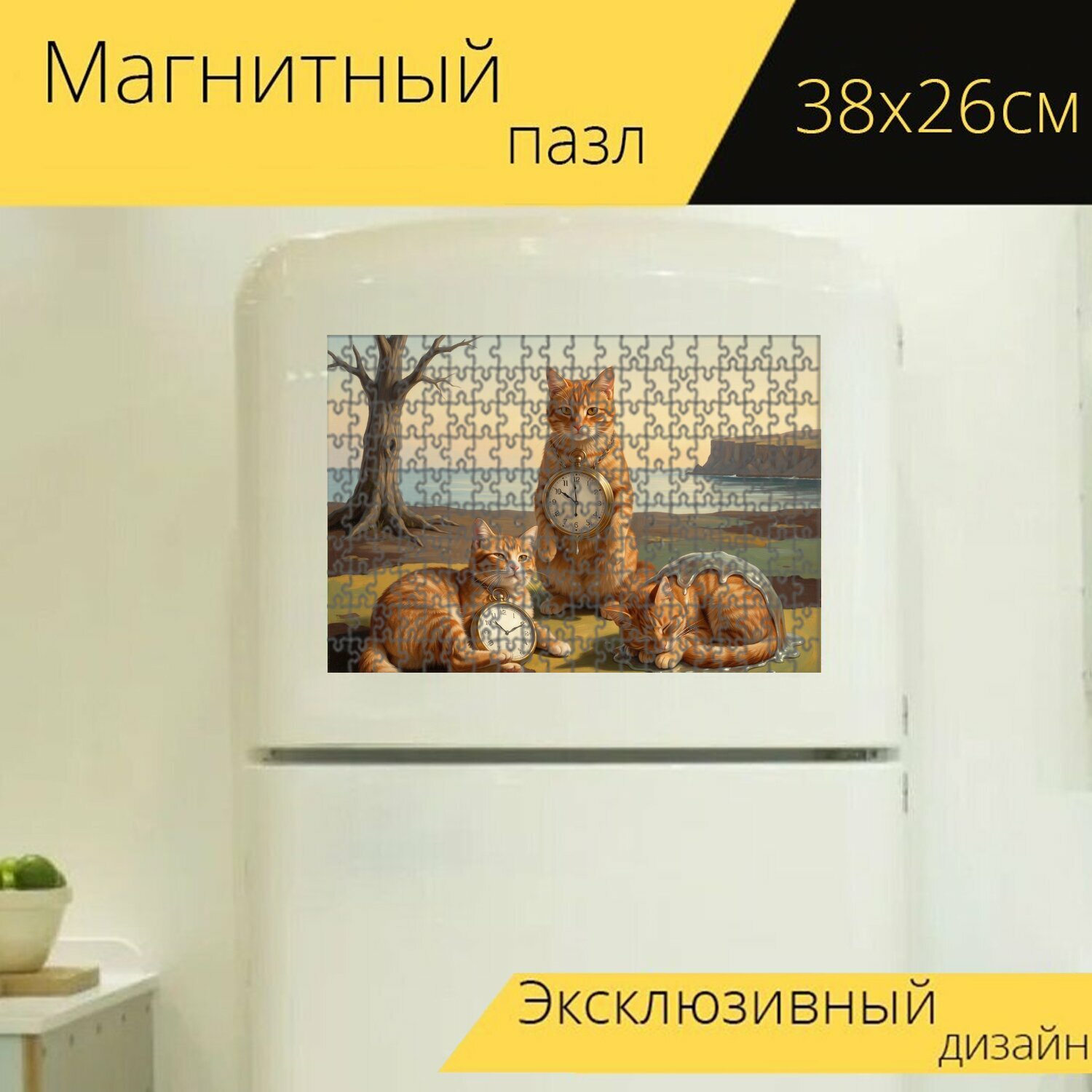 Магнитный пазл "Три рыжих кота с часами. Сюрреалистичная сцена с полосатыми кошками у морского берега: один зверек стоит с циферблатом, другой лежит, третий." для интерьера, 38х26 см.