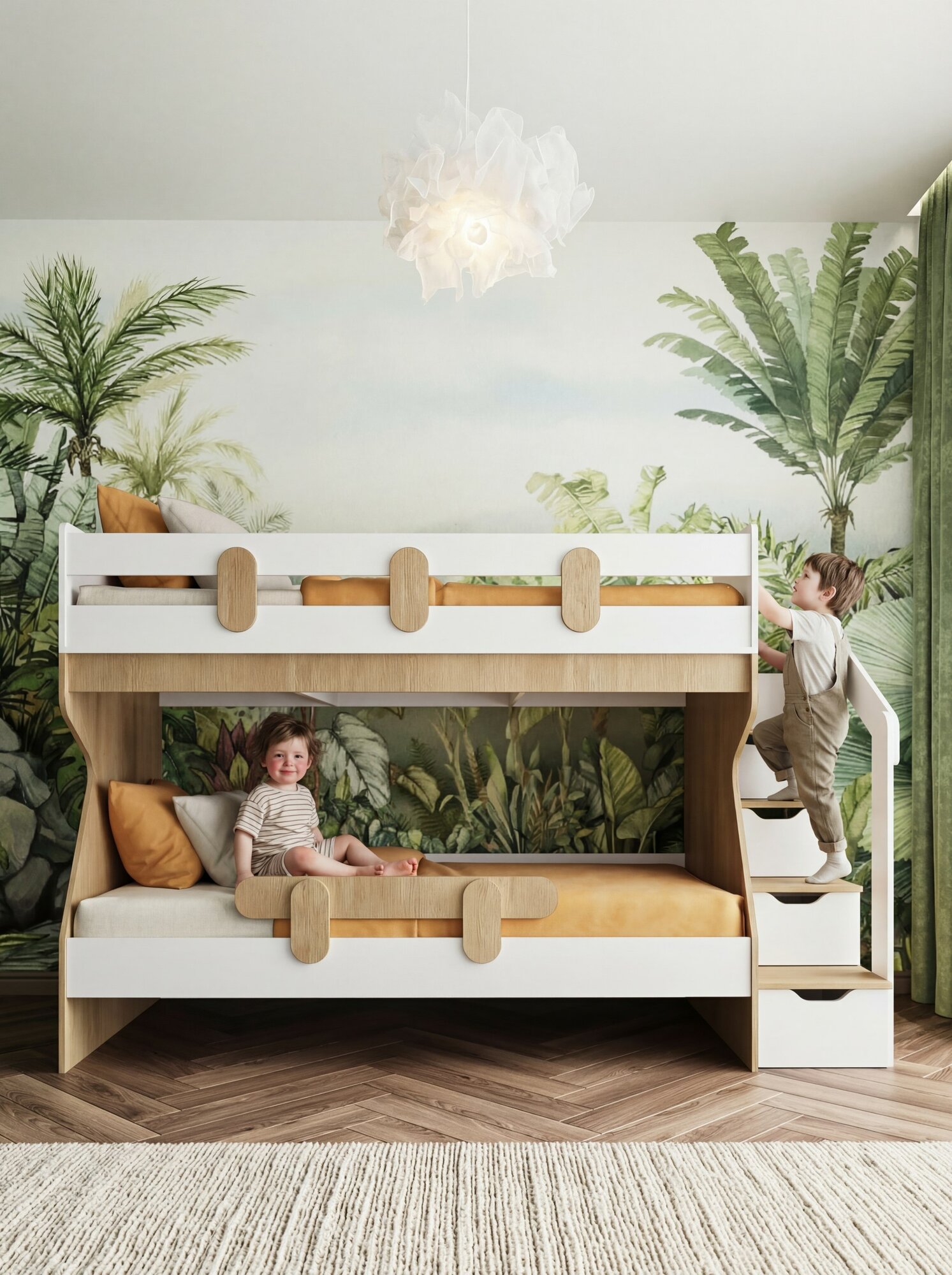 Детская двухъярусная кровать Оливия с лестницей комодом спальные места 180х90