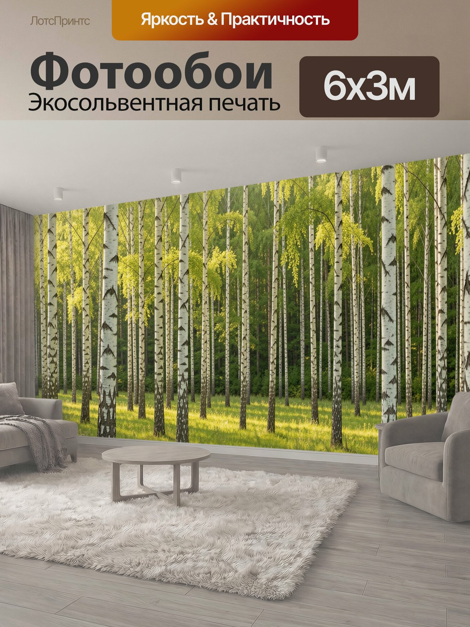 Фотообои "Березовая роща в солнечный день. Светлая лесная сцена с высокими белоствольными деревьями, молодой зеленой листвой и мягкими солнечными." 600x300 см. экосольвентная печать