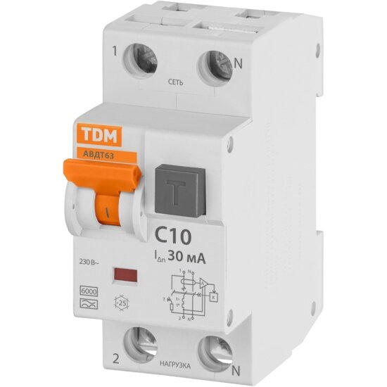 Дифференциальный автомат Tdm Electric АВДТ 63 2Р(1Р+N) C10 30мА 6кА тип А, SQ0202-0001