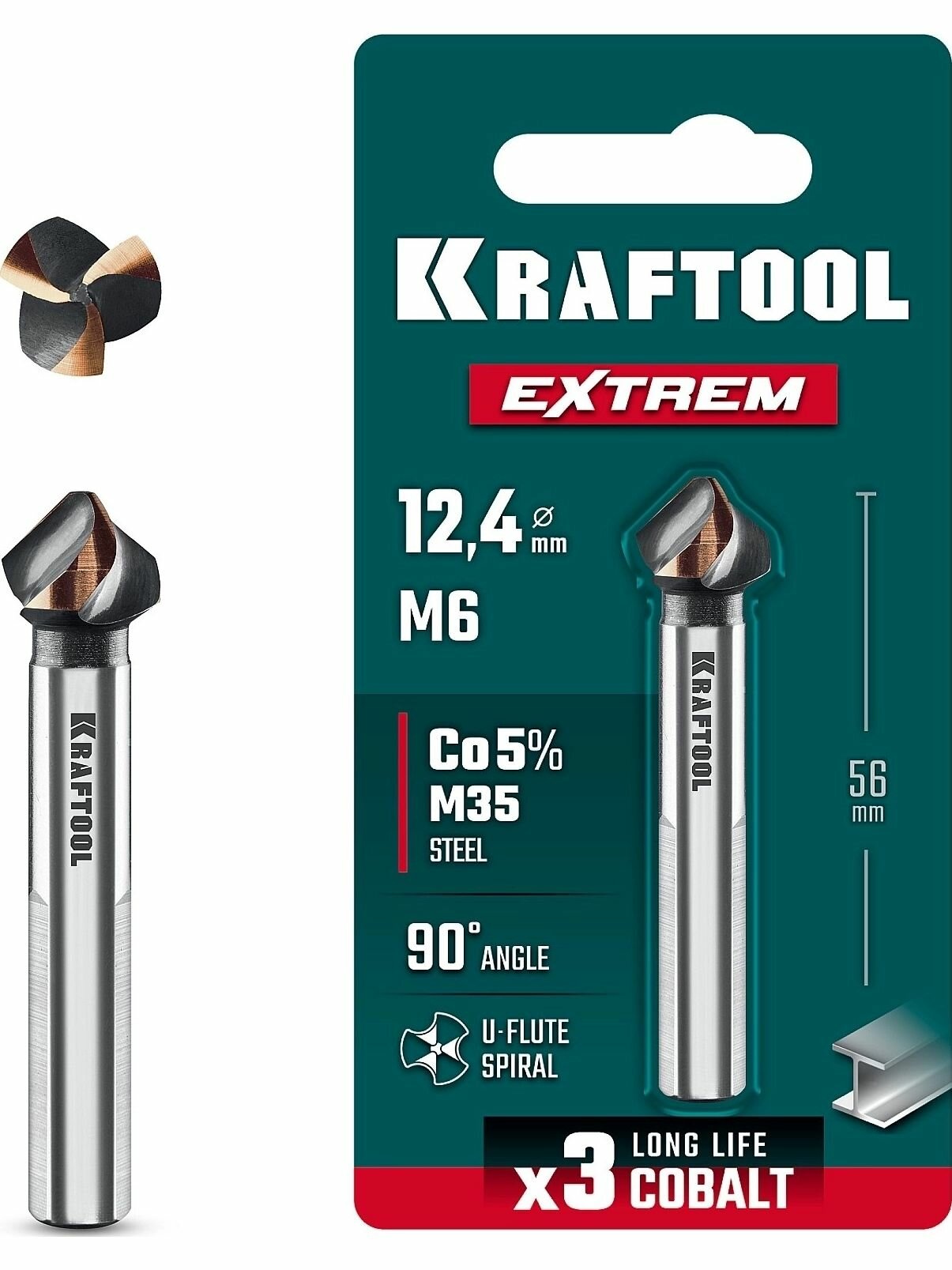 Конусный зенкер KRAFTOOL EXTREME Со5-А, d 12.4 х 56 мм, сталь M35, U-образная спираль, для раззенковки М6