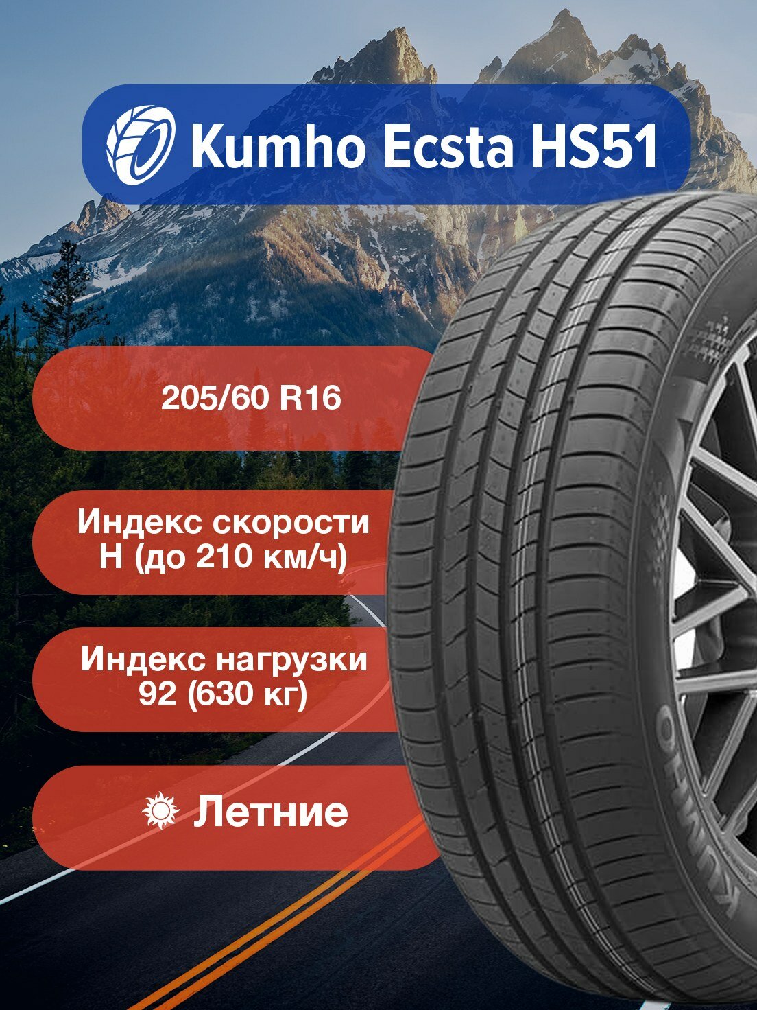 Легковые Летние Шины Kumho Ecsta HS51 205/60 R16 92H-2254443 для легковых автомобилей и кроссоверов
