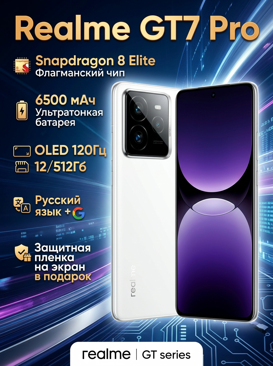 Смартфон Realme GT7 Pro (RMX5010), 12/512 ГБ, IP69, 120Вт, Snap 8 Elite, Русский язык+Google, OLED 120Гц. Гарантия год.