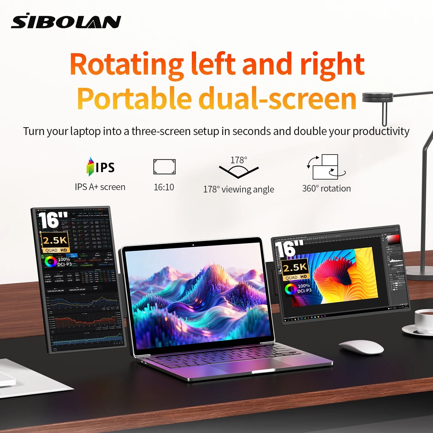SIBOLAN 16" 2,5k Портативный Двойной Монитор для Ноутбука 14" Опциональный 16:10 HDR 2560*1600P UHD Тройной Складной Дисплей для Ноутбука Windows
