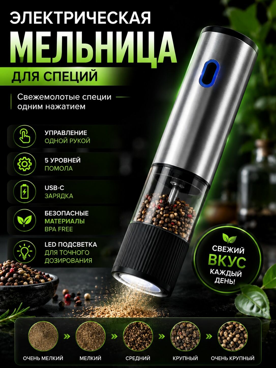 Электрическая мельница для специй, автоматическая, с керамическим жерновом, 5 уровней помола, Type-C зарядка, для перца, соли, кофе, нержавеющая сталь