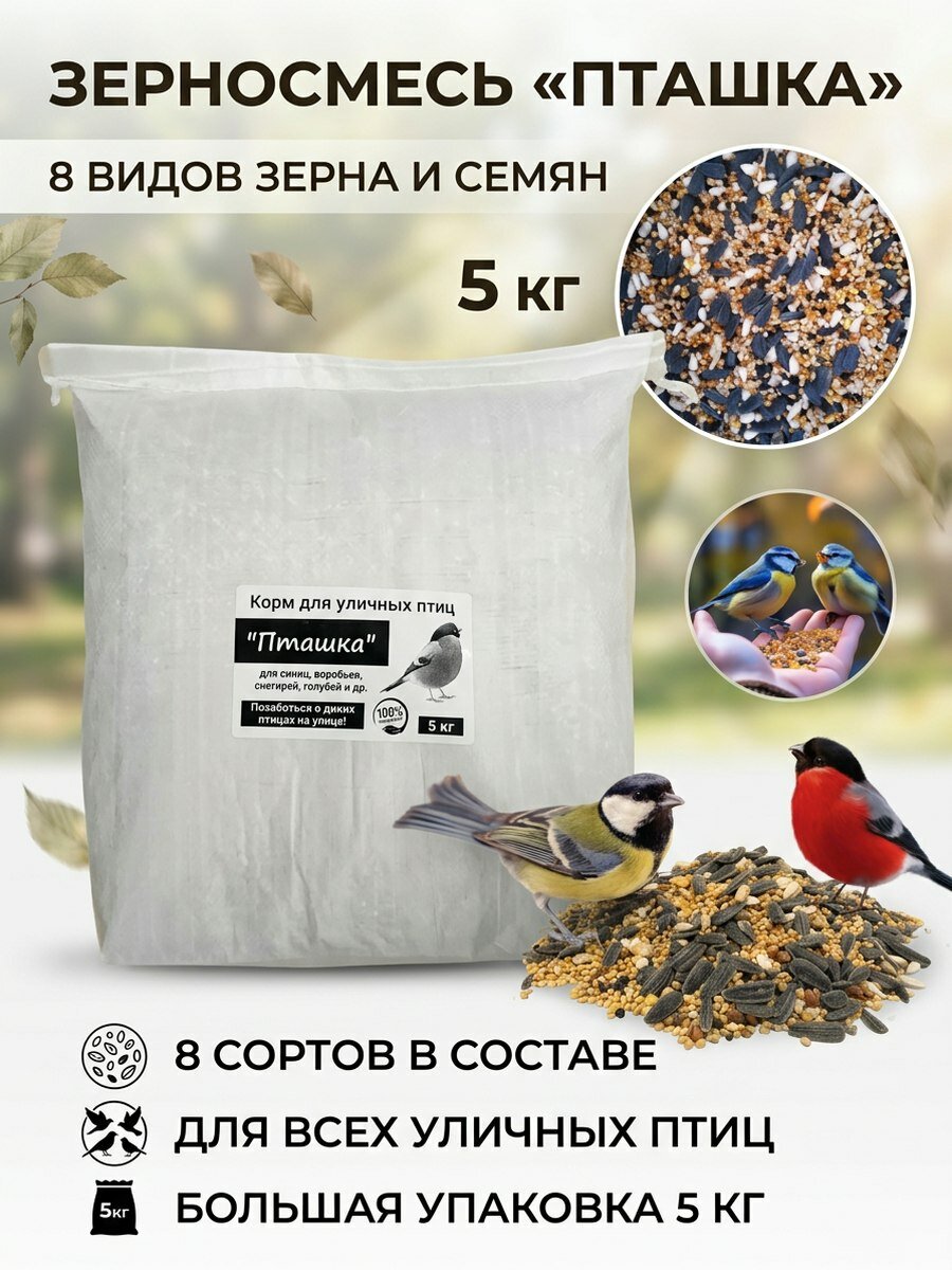 Зерносмесь для птиц 8 в 1 "Пташка". Корм для уличных, диких и парковых и домашних птиц, 5 кг