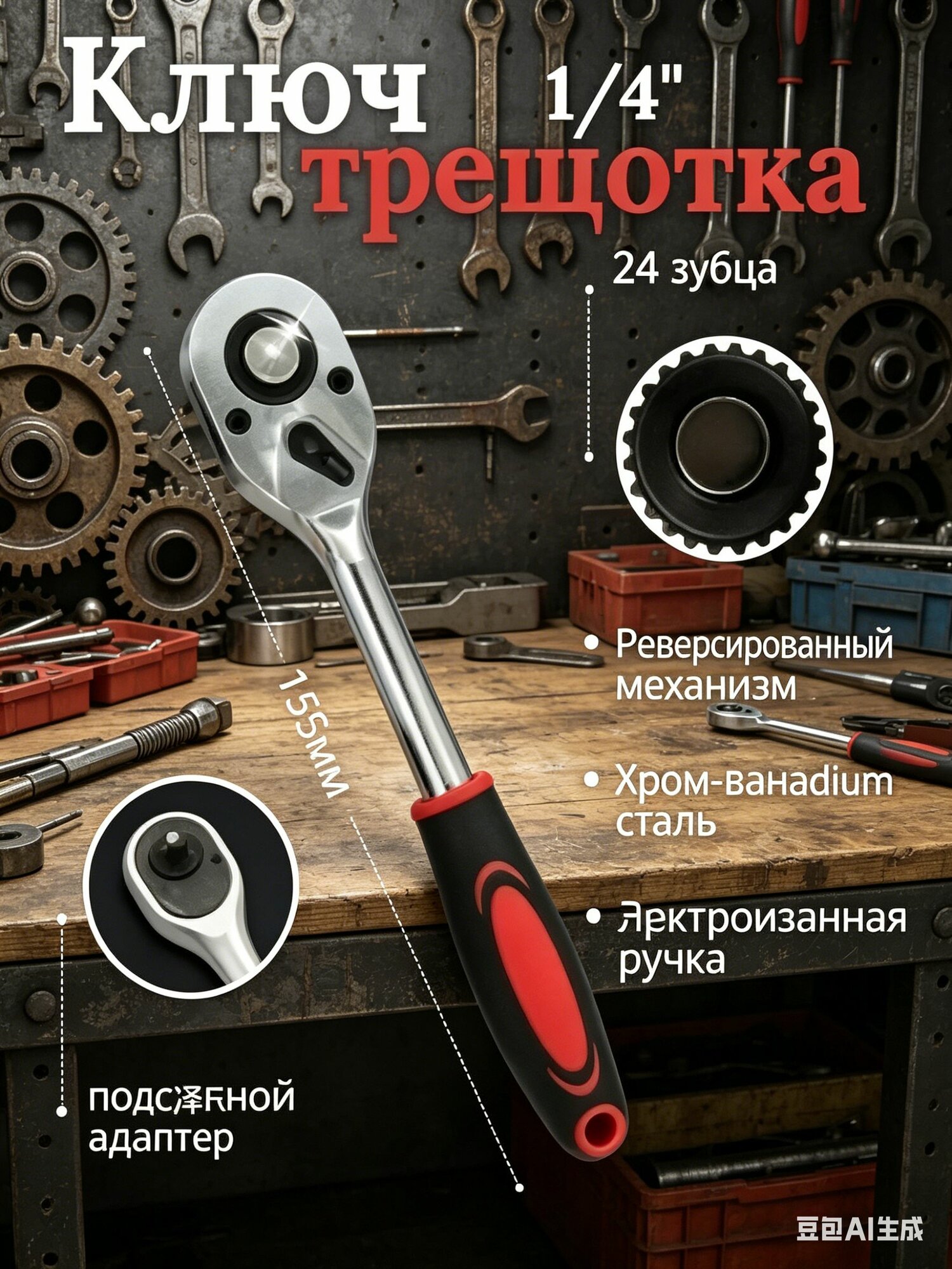 Ключ-трещотка 1/4", 155 мм, 24 зубца, реверсивный, из хром-ванадиевой стали с эргономичной ручкой храповой ключ для болтов и гаек