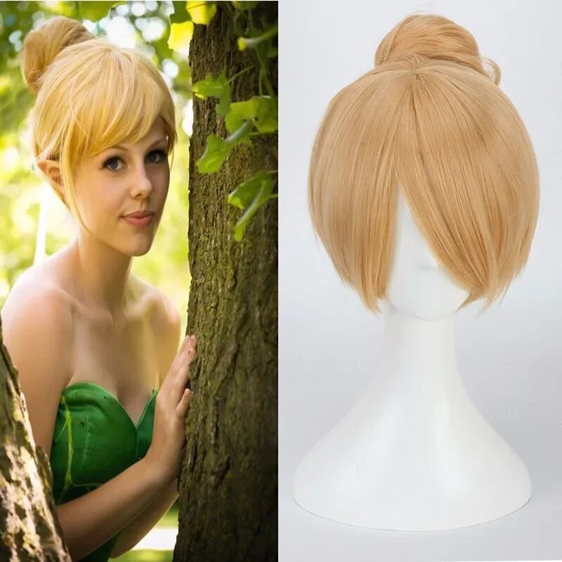 30 см короткий золотой парик для косплея Fairy Tinker Bell, парик из полных волос, синтетические парики + шапочка для парика