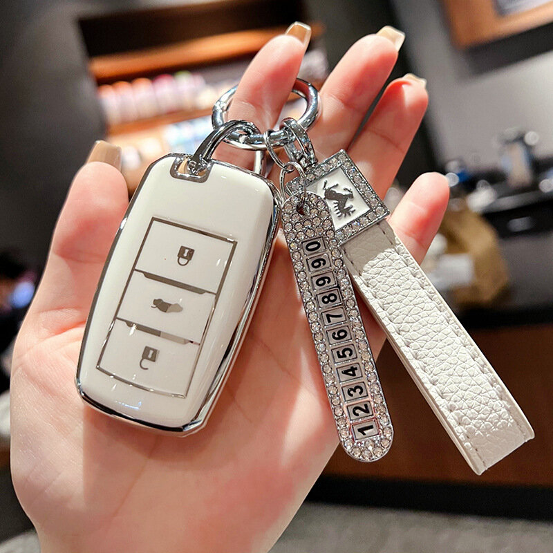 Универсальный ключевой чехол для Changan с белым квадратным шнуром и серебряной номерной табличкой совместимый с