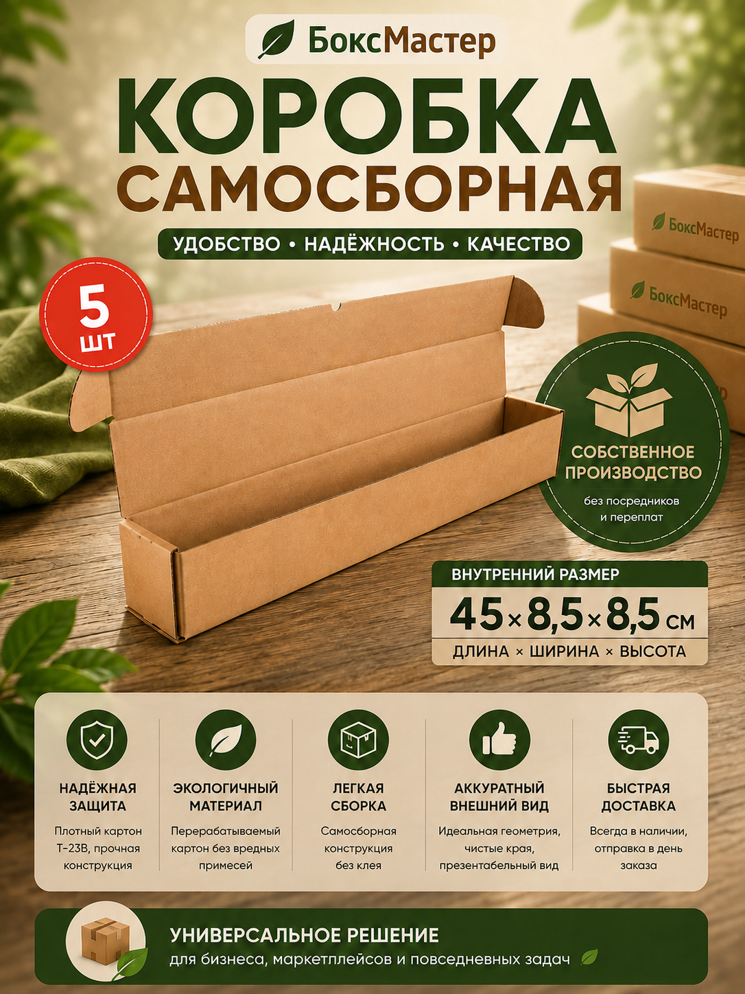Коробка картонная самосборная, подарочная, упаковочная 45x8,5x8,5 см, 5 шт