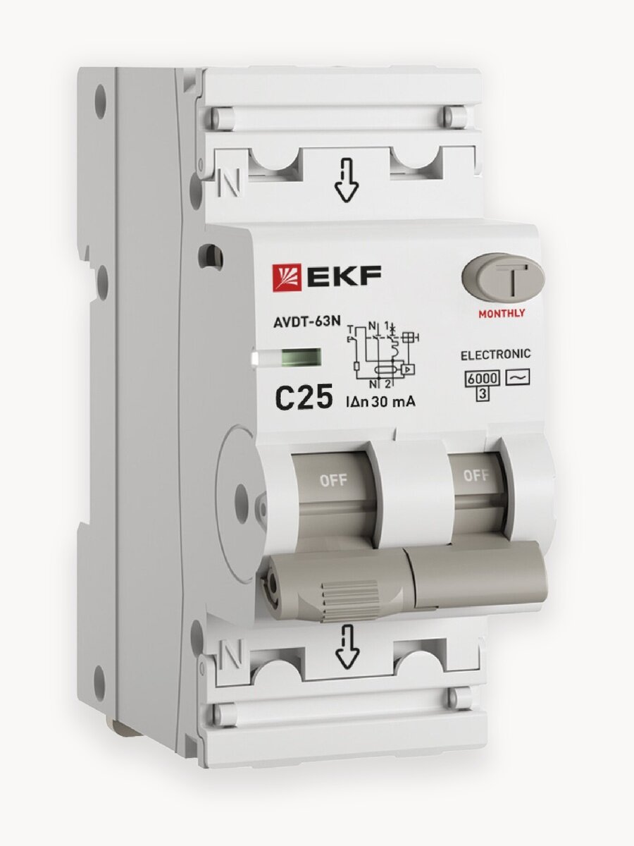 Дифавтомат EKF PROXIMA АВДТ-63N 25А (C) 30мА, тип AC, 1P+N (двухполюсный), 6кА, электронный