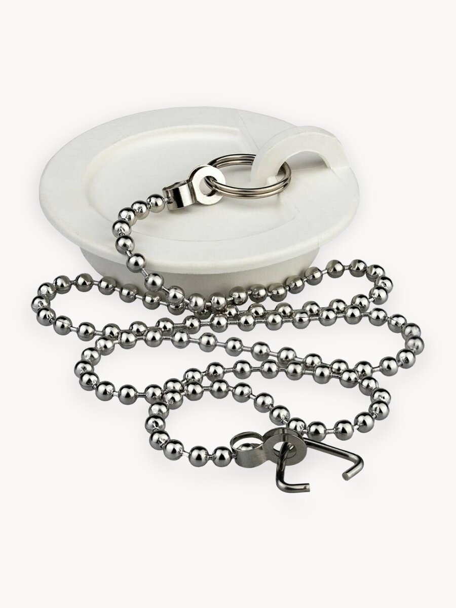 Пробка для ванны и раковины с цепочкой 45 см, белая, диаметр 43 мм