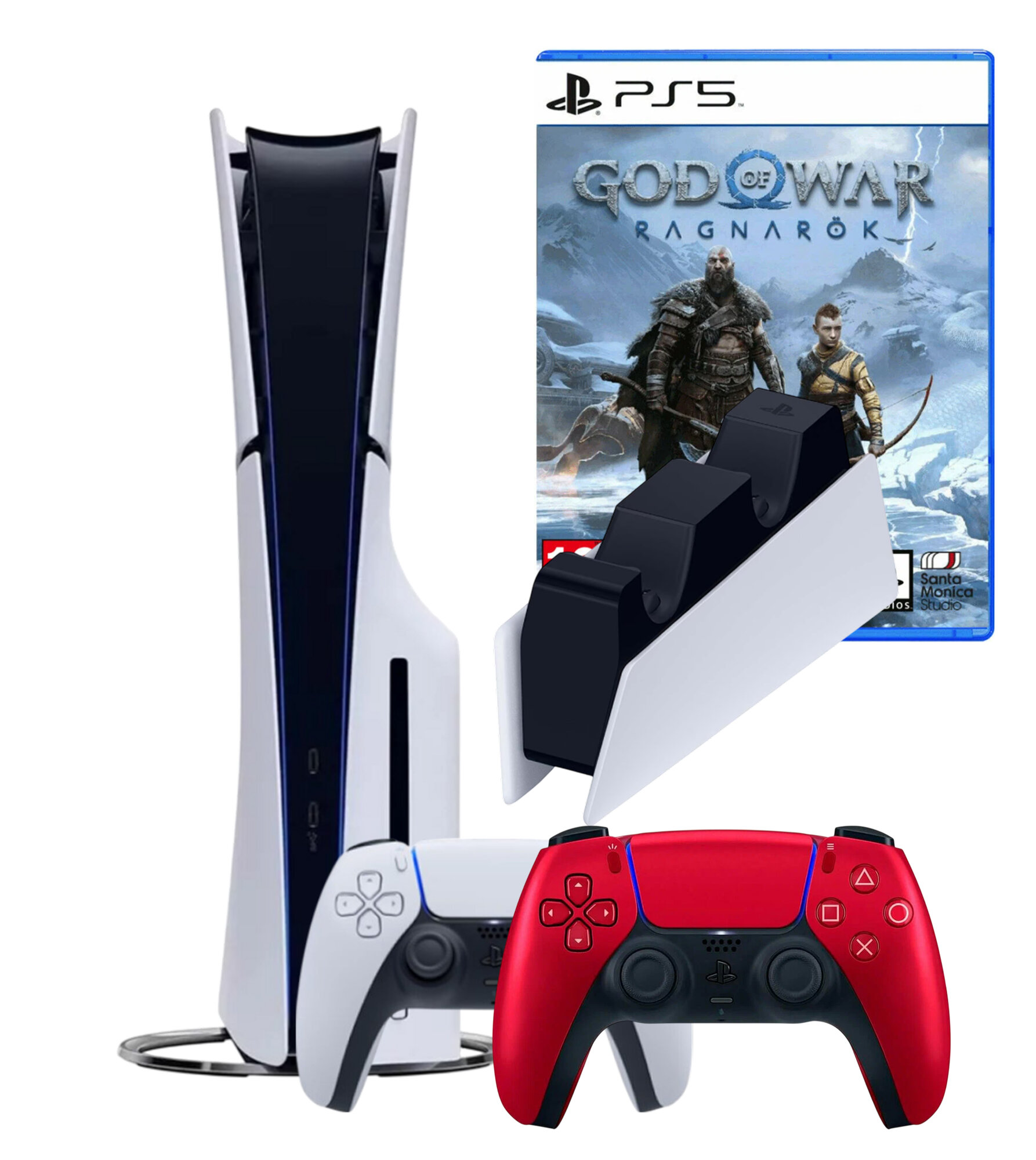 Игровая приставка Sony PS5 Slim + 2й геймпад вулканический красный + игра God of War + станция зарядки