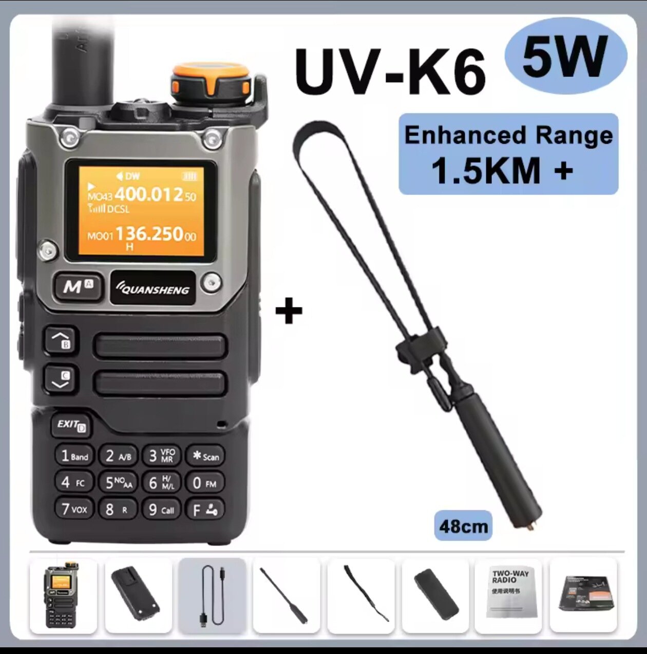 Рация UV-K6, поддержка нескольких авиационных частот, переключение мощностей, ударопрочный корпус, черная