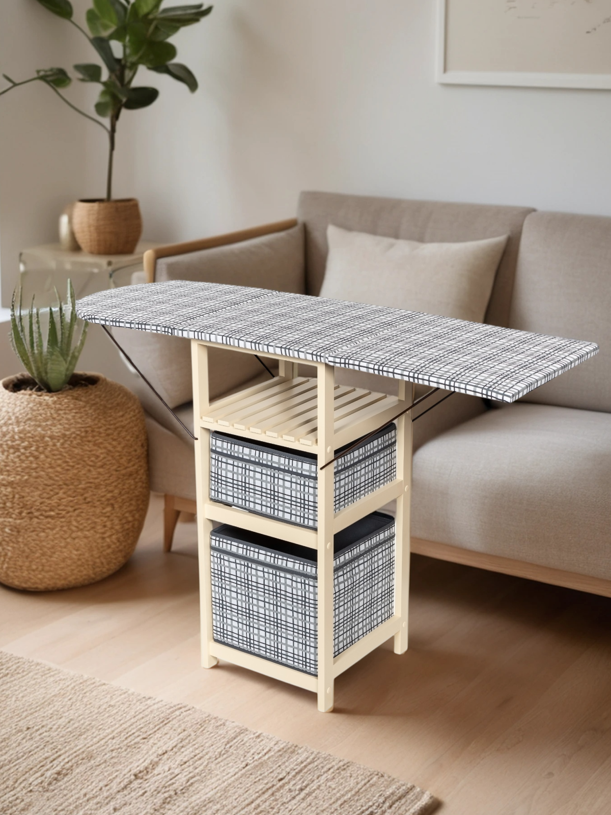 Гладильный комод на 2 ящика PRIME ДхШ: 44х40 см цвет слоновая кость/ткань клетка