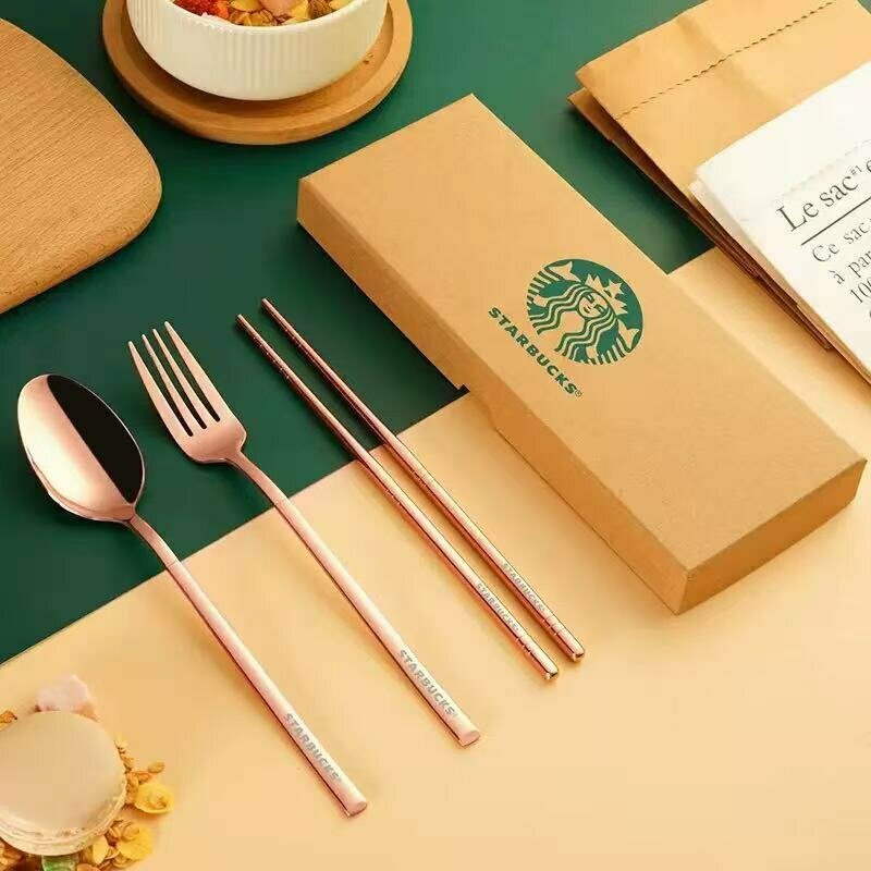 Набор столовых приборов Starbucks в подарочной упаковке, Розовое золото
