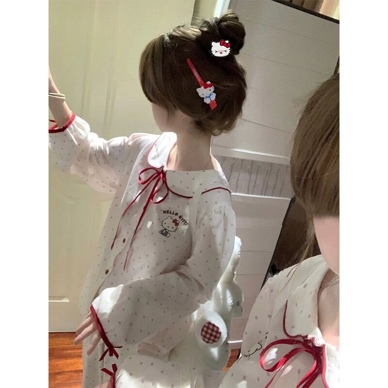 Новинка 2024 года в горошек Hello Kitty, женская пижама Hello Kitty с длинными рукавами для девочек на весну и осень, домашняя одежда