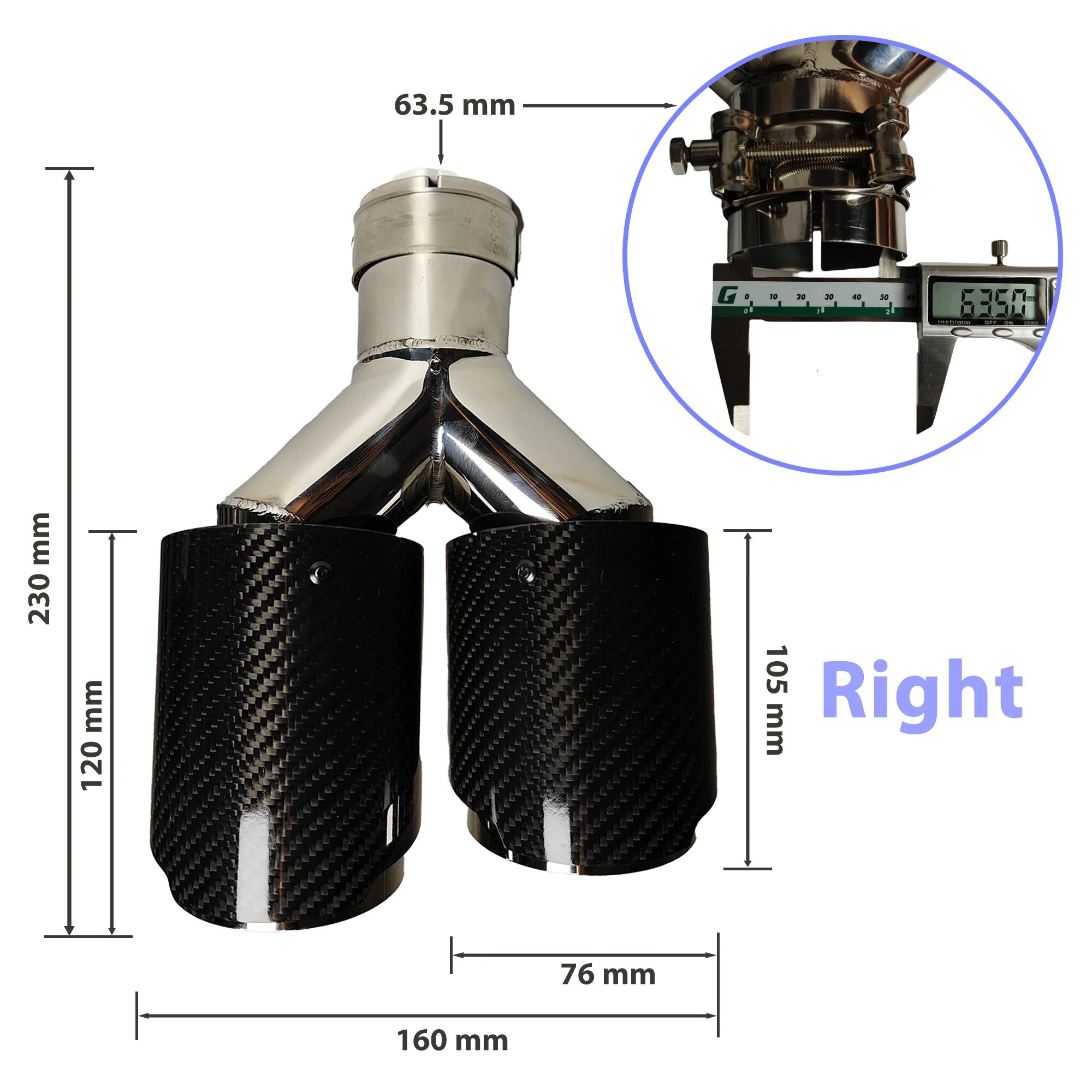 1 шт. универсальный автомобильный глушитель из углеродного волокна, длина, полировка Y-образной формы, двойной саржевый глянцевый наконечник глушителя, 63.5mm-76mm-Right