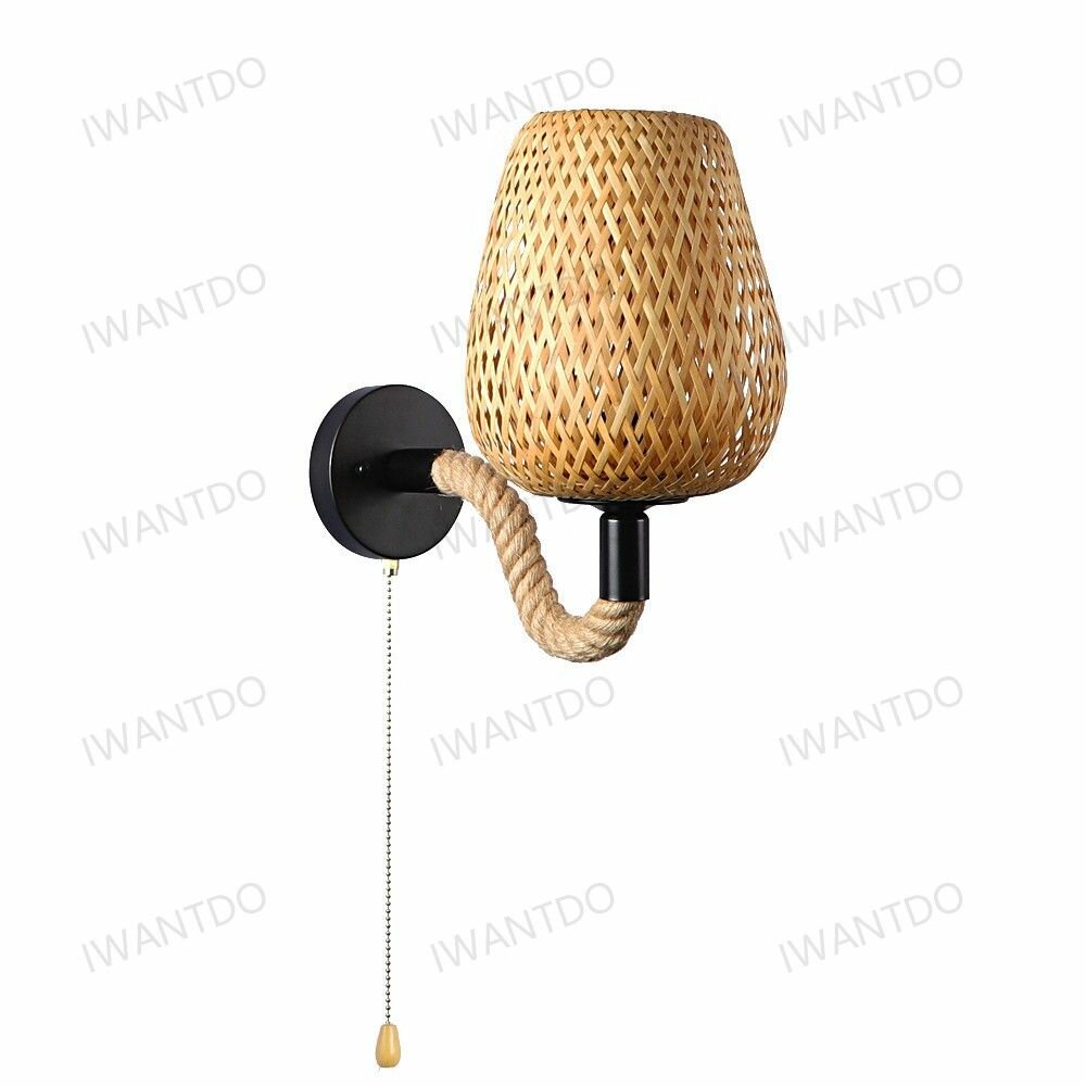 Настенный светильник в стиле ретро с бамбуковым абажуром, светильник с выключателем, E27, винтаж для прихожей