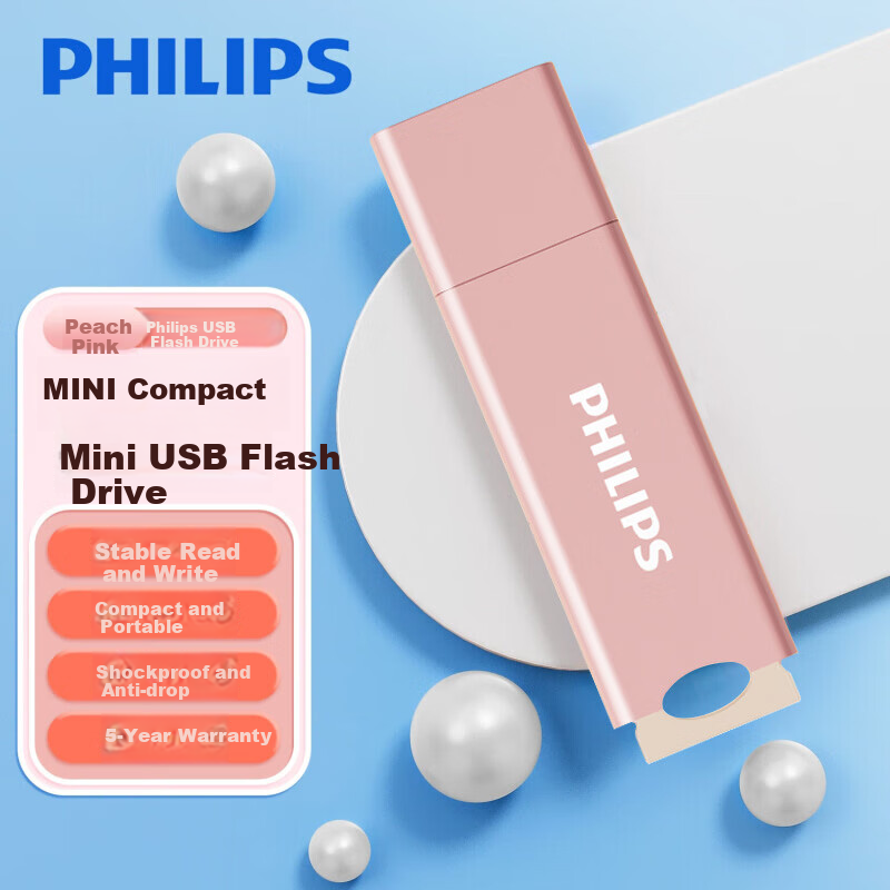 PHILIPS 64GB USB3.2 Flash Drive 10UA Light Pink Cute USB Drive with Working Indicator Light Reading Speed 150MB/s High-speed Storage Computer Expansion Office Study Flash Drive