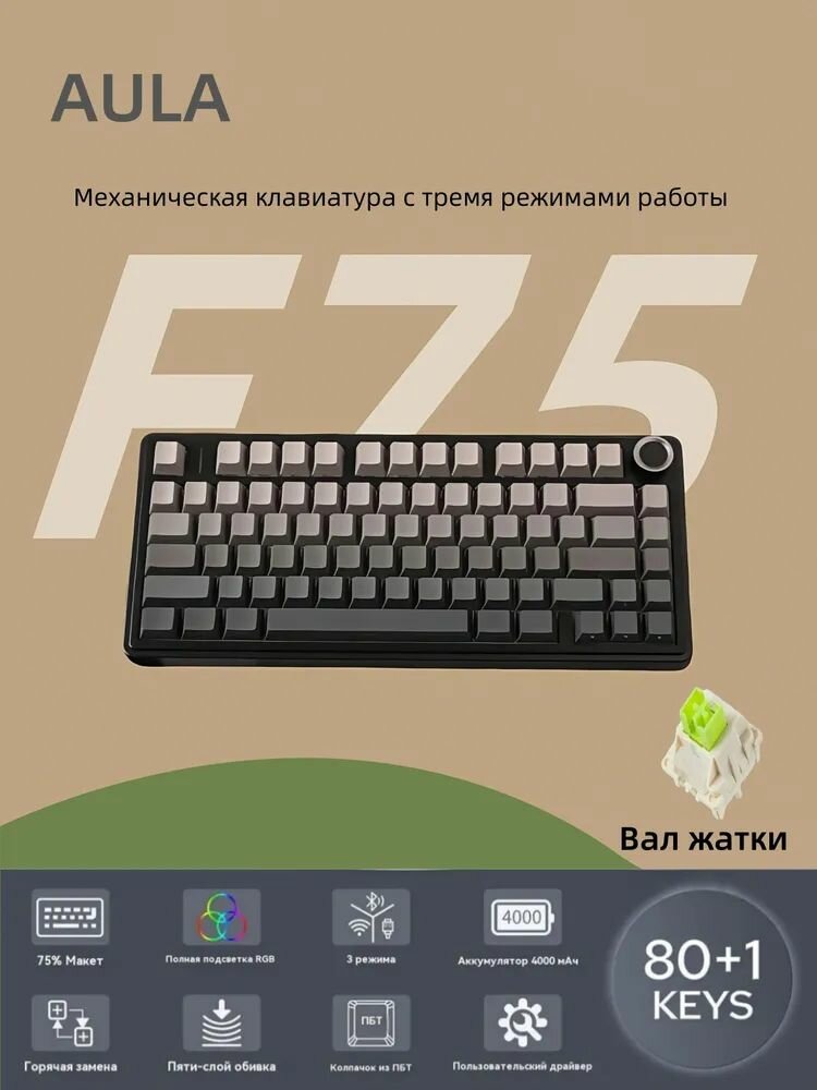 Клавиатура беспроводная AULA F75 механическая клавиатура, 75% беспроводная игровая клавиатура с горячей вставкой, с пятислойной прокладкой, Bluetooth / 2.4GHz / USB - C,(TTC Чёрный, переключатель ), черный, черно-серый