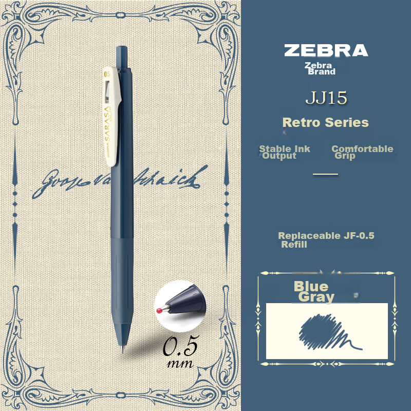 ZEBRA JJ15 Retro Color Series Smooth Pen, 0.5mm Retractable Gel Pen, Bullet Tip Signing Pen, Student Journaling Pen, Marker Pen, JJ15-VBGR, Blue-Gray