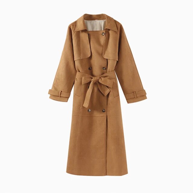 Элегантный замшевый длинный тренчкот с поясом, женская двубортная ветровка с длинным рукавом, осеннее женское уличное пальто 2025 года