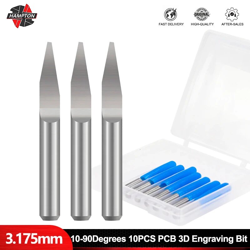 HAMPTON 10 шт. 3D гравировальная бита для печатной платы 10-90 градусов V-образная форма для резьбы с наконечником 3,175 мм хвостовик 0,1-2,0 мм твердосплавная фреза с ЧПУ