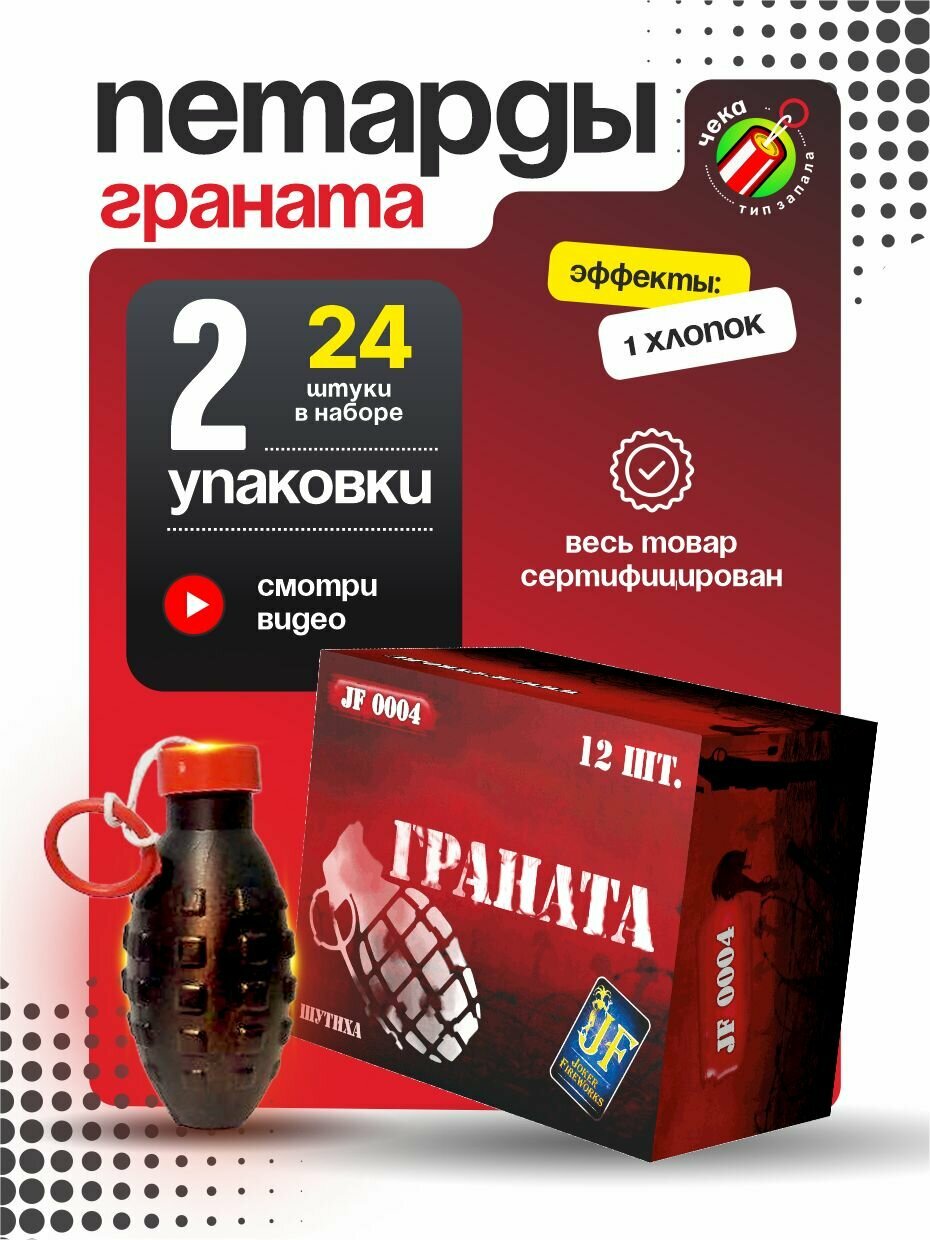 Петарды Joker Fireworks "Граната", с чекой, темно-серые, красные, 2 упаковки ,24 шт