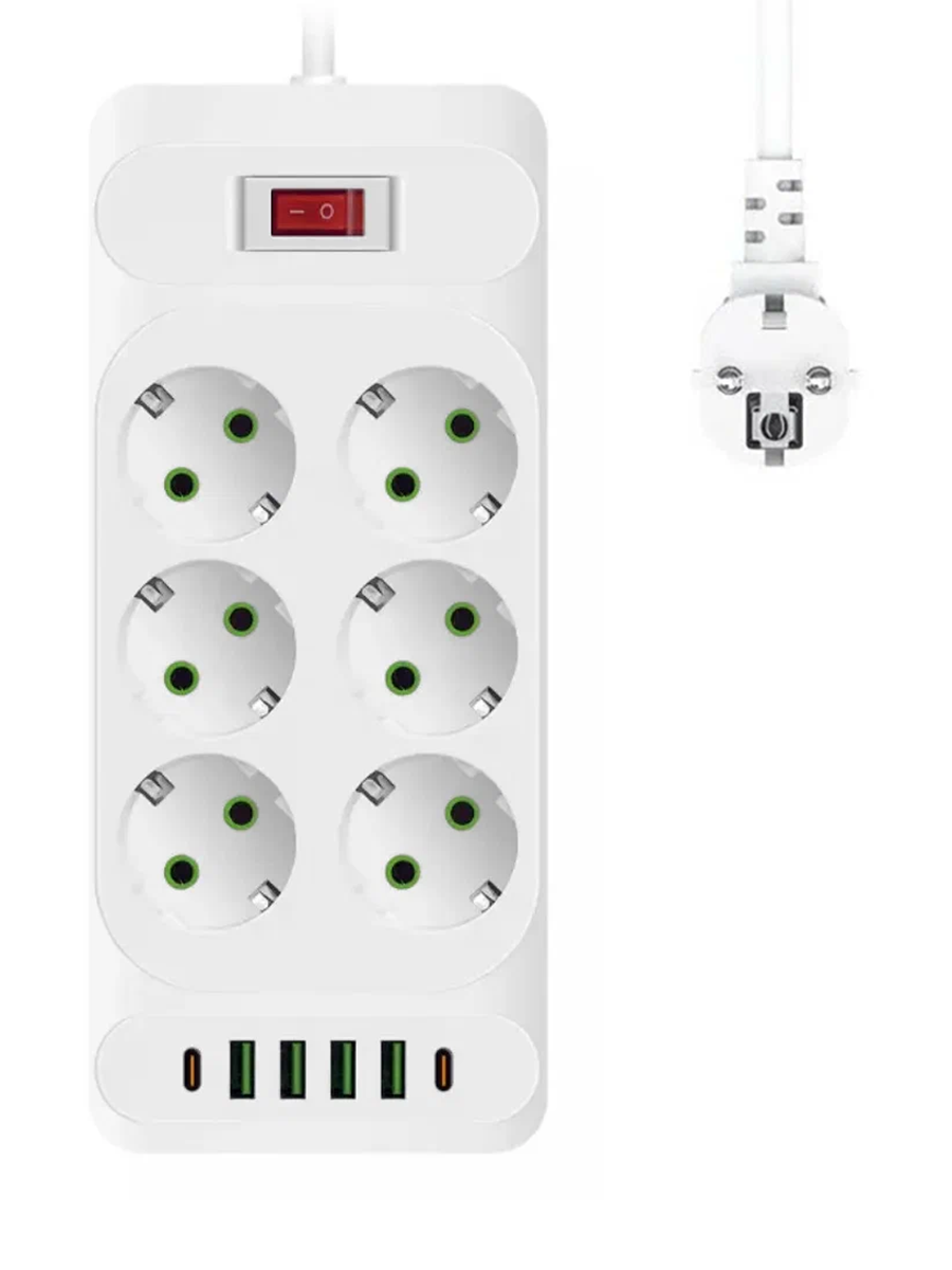 Сетевой фильтр белый, сетевой фильтр удлинитель, сетевой фильтр 4 USB, 6 розеток, 2 USB-C, провод 2 метра, выключатель на корпусе