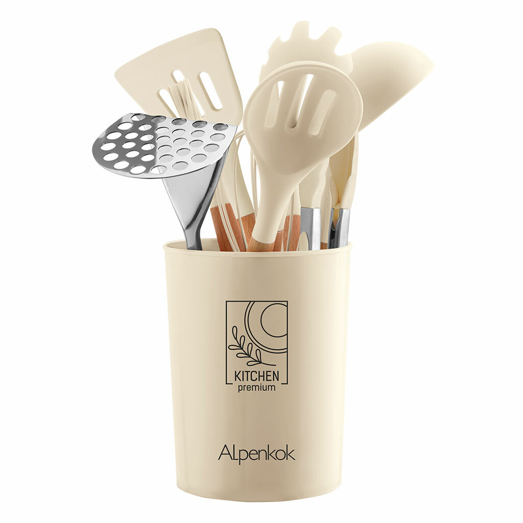 Набор кухонных принадлежностей Alpenkok АК-5285 на подставке 12 предметов, молочный