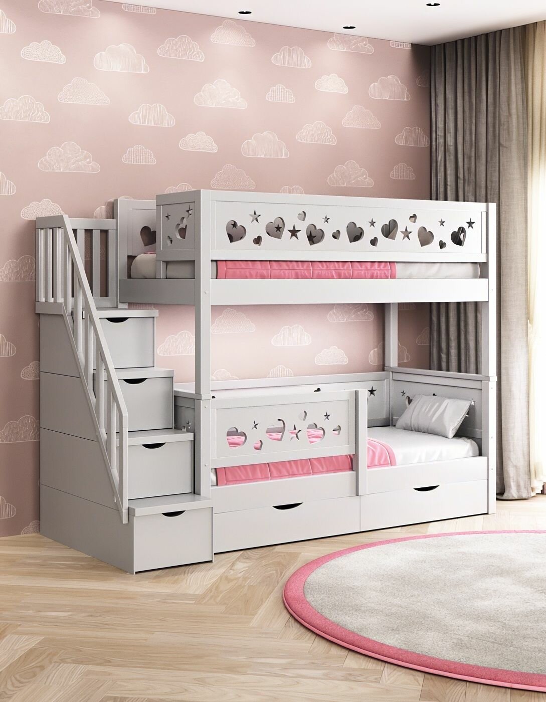 Двухъярусная кровать Звезда для девочек, спальные места 90х190, лестница-комод, цвет Белая эмаль.