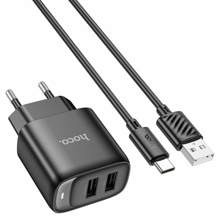 Сетевое зарядное устройство c 2 USB A HOCO C141A, 2.1A + кабель Type-C, черное
