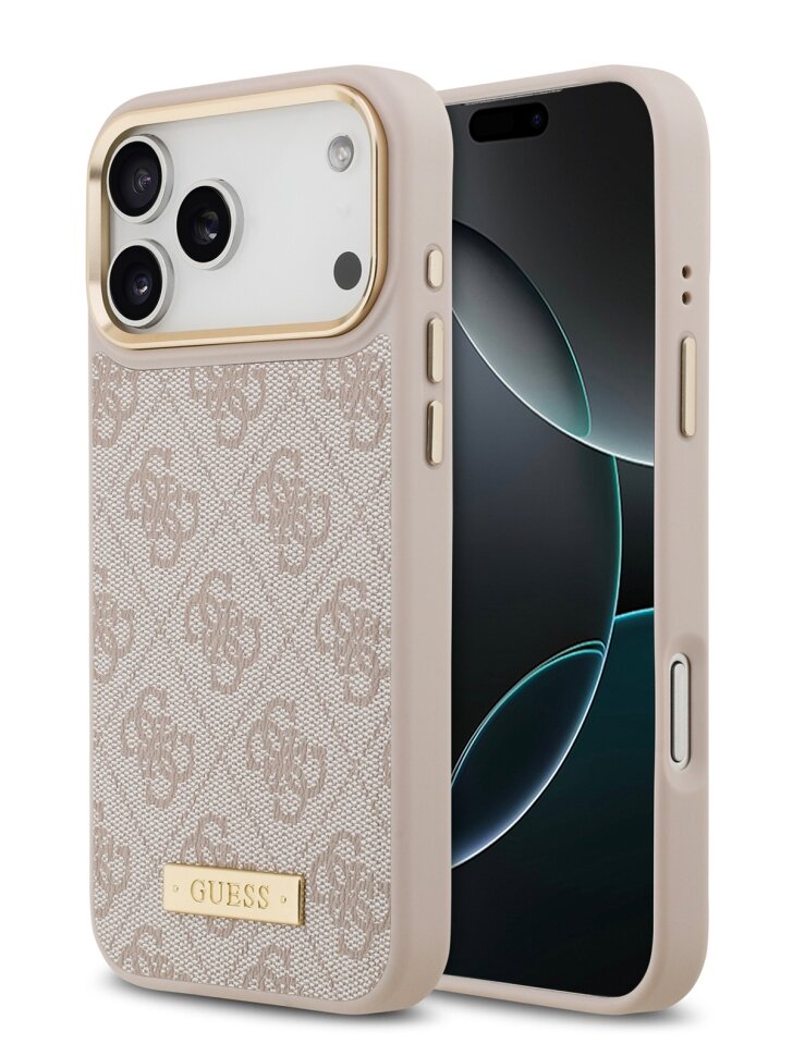 Guess чехол с MagSafe для iPhone 17 Pro, PU кожа с принтом 4G, Plate metal logo and Gold camera, розовый