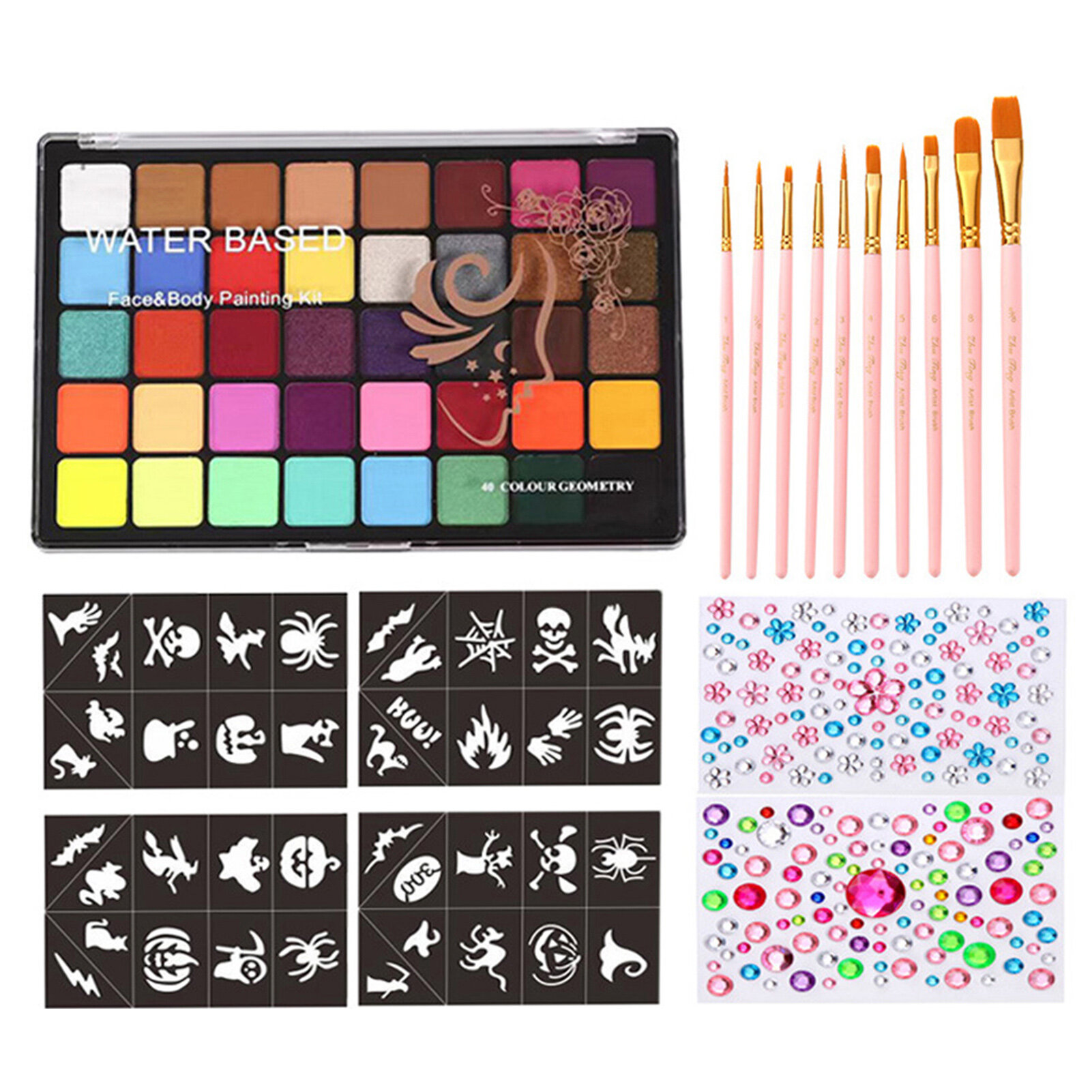 Набор аквагрима, с 10 кистями, 4 трафаретами, 2 наклейками, гипоаллергенный