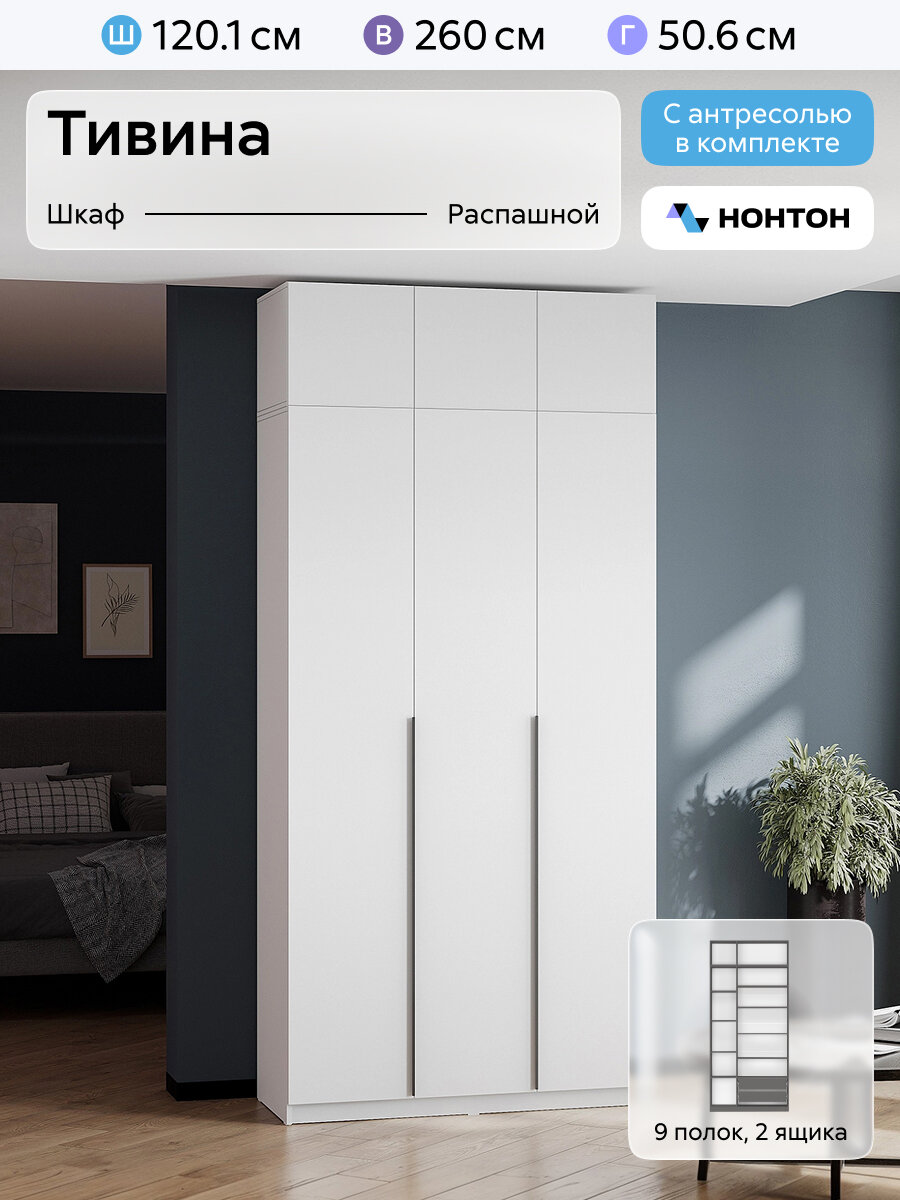 Шкаф для одежды распашной Нонтон Тивина, с антресолью, 120 см, 9 полок и 2 ящика, белый текстурный