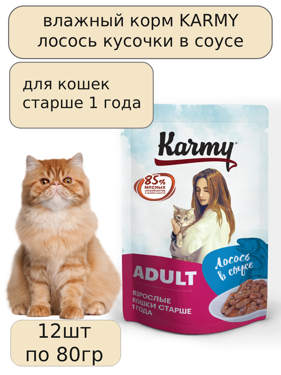 Корм влажный Karmy пауч для кошек с Лососем в соусе 80г (12 штук)