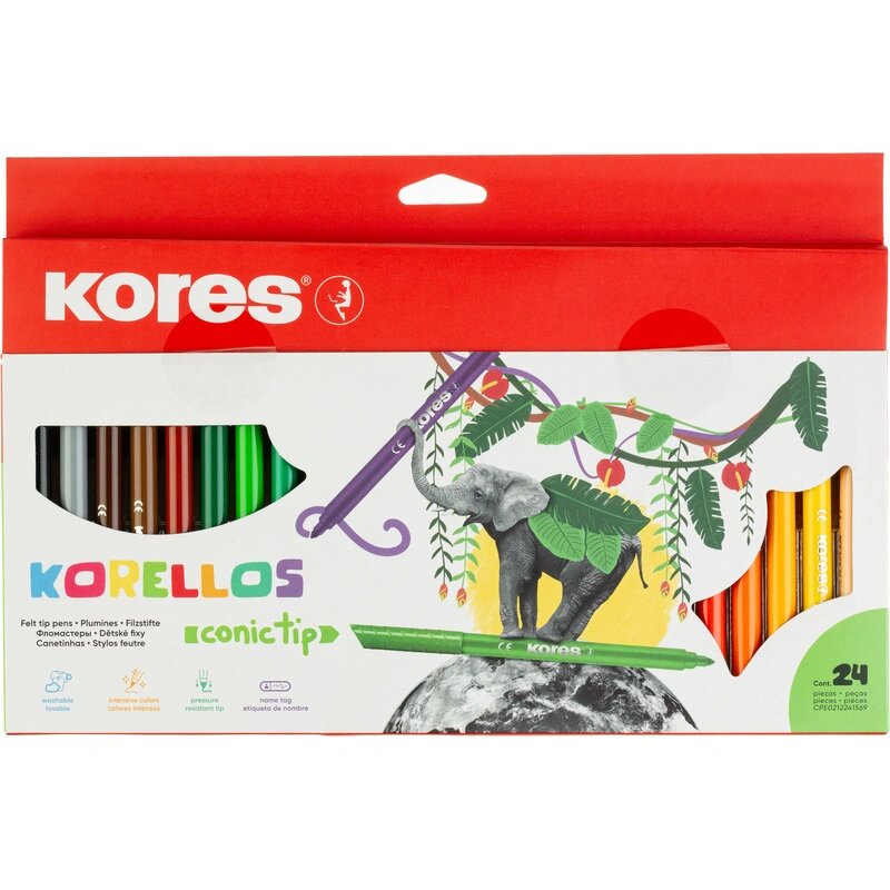 Фломастеры KORELLOS Kores 24цв, европодвес, в комплекте со стикерами,29044